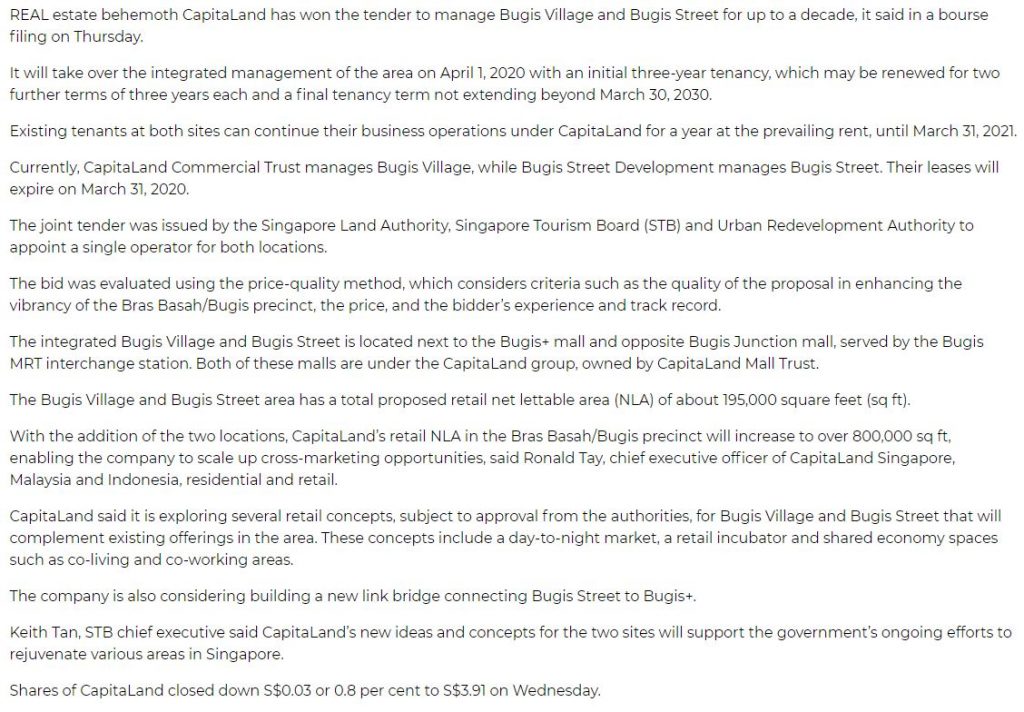 The Robertson Opus - CapitaLand wins tender to manage Bugis Village and ...